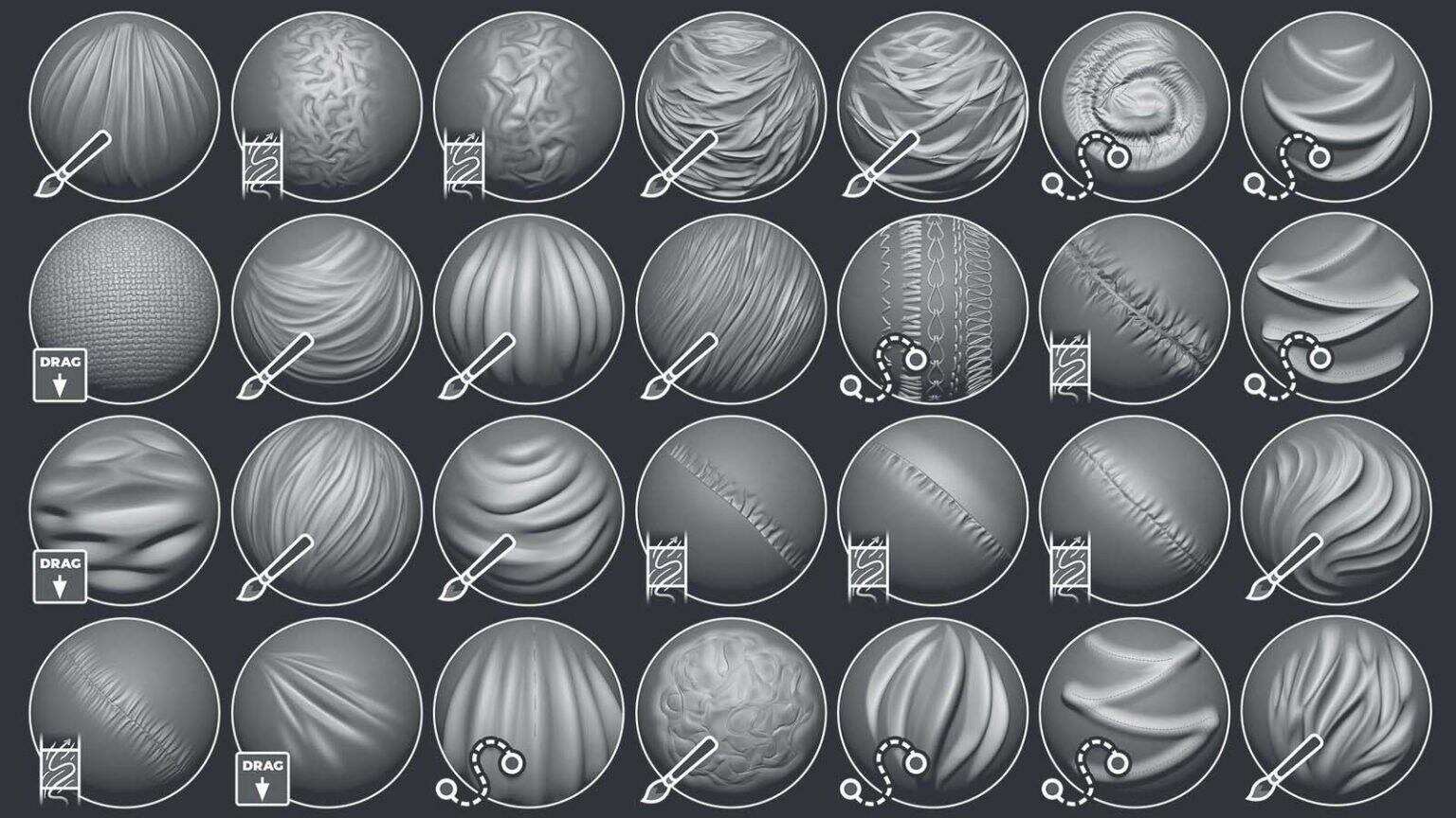 Zbrush褶皱细节笔刷合集 - 3Dyyds